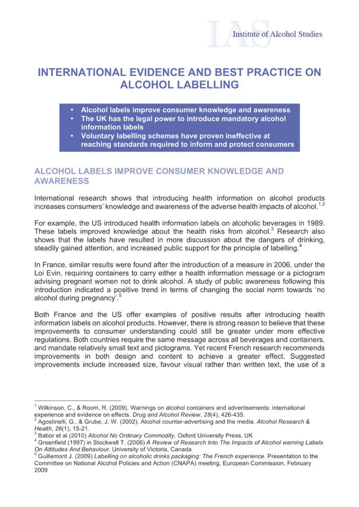 International evidence and best practice on alcohol labelling ...